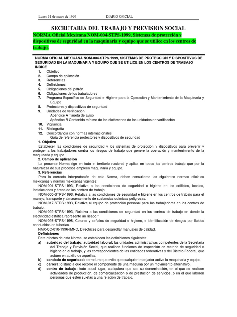 NOM-004-STPS-1999 Sistemas y Dispositivos de Seguridad en La Maquinaria ... NOM-004-STPS-1999 Sistemas y Dispositivos de Seguridad en La Maquinaria ...
