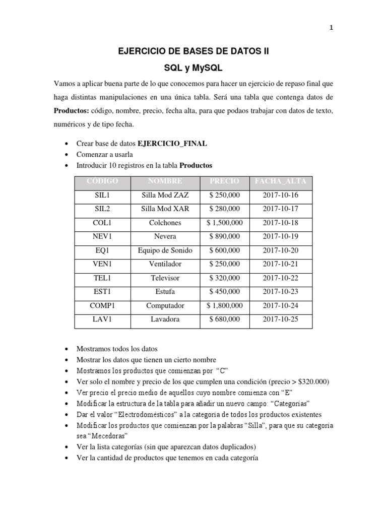 Ejercicio de Base de Datos SQL | Descargar gratis PDF | SQL | Tabla (base de datos)