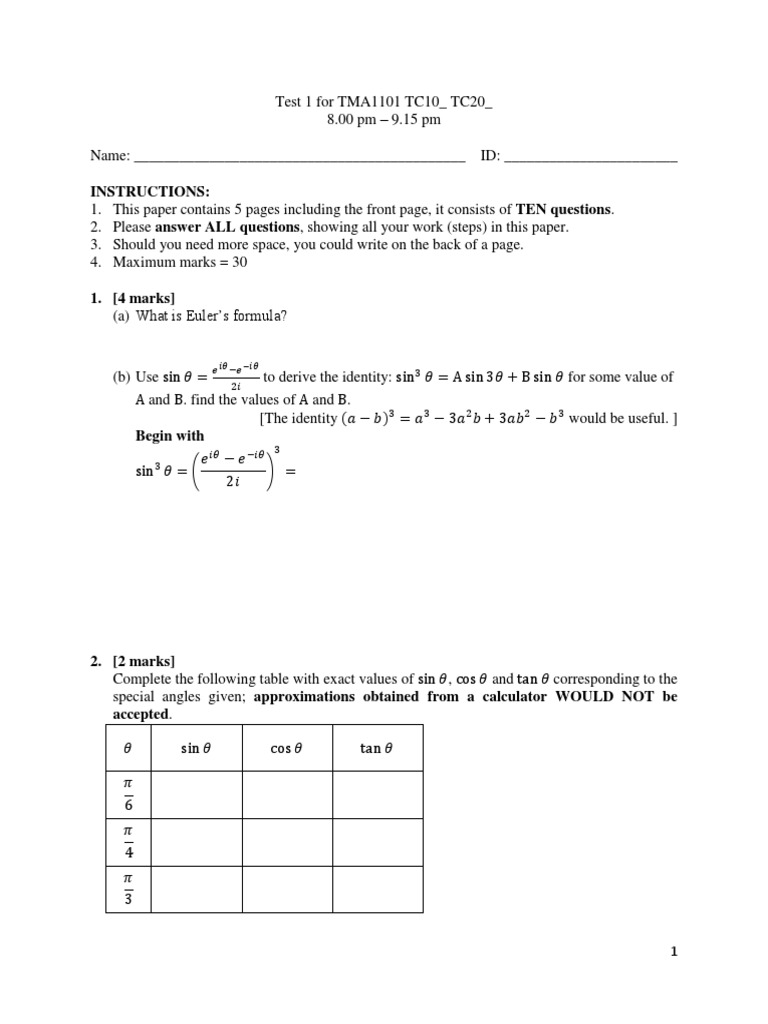 Calculus 1 Exam Questions and Answers | PDF | Derivative | Sine