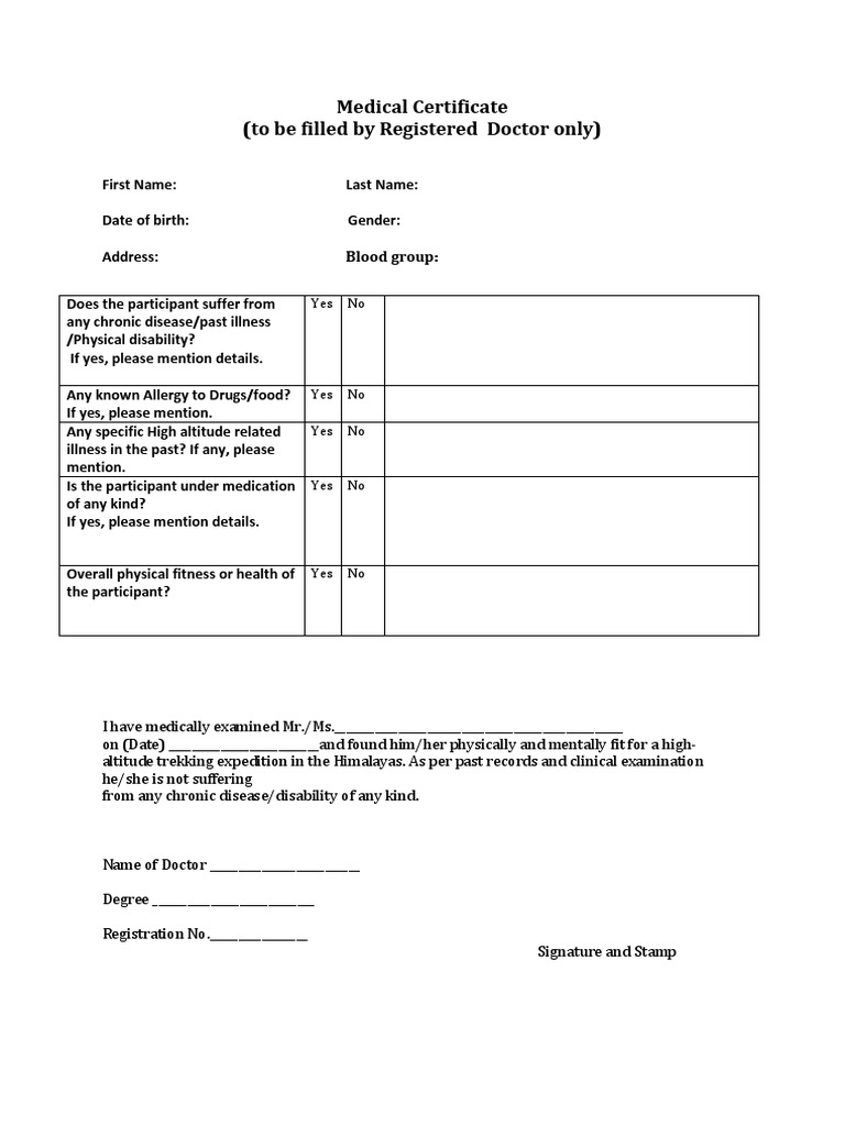 Medical Certificate (To Be Filled by Registered Doctor Only) | PDF