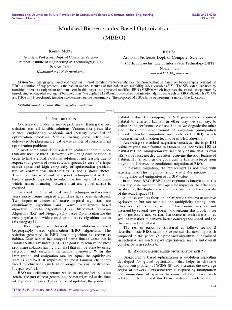 Modified Biogeography Optimization Techniques | PDF | Mathematical ...