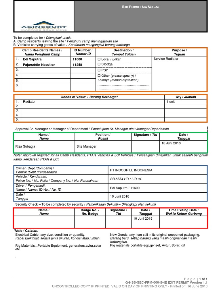 Exit Permit Form - IE | PDF