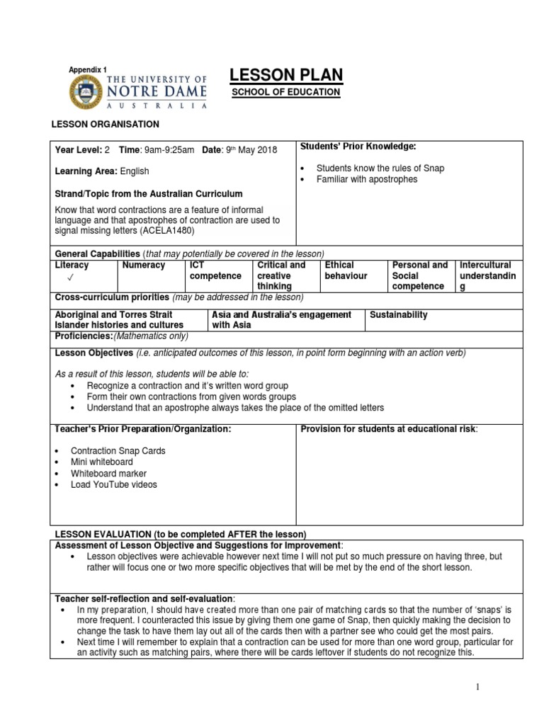 Contractions Lesson Plan | PDF | Teachers | Teaching