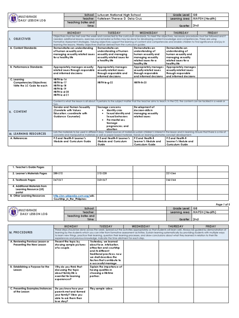 Multigrade Daily Lesson Log Lutucan National High School G8 Kateleen ...