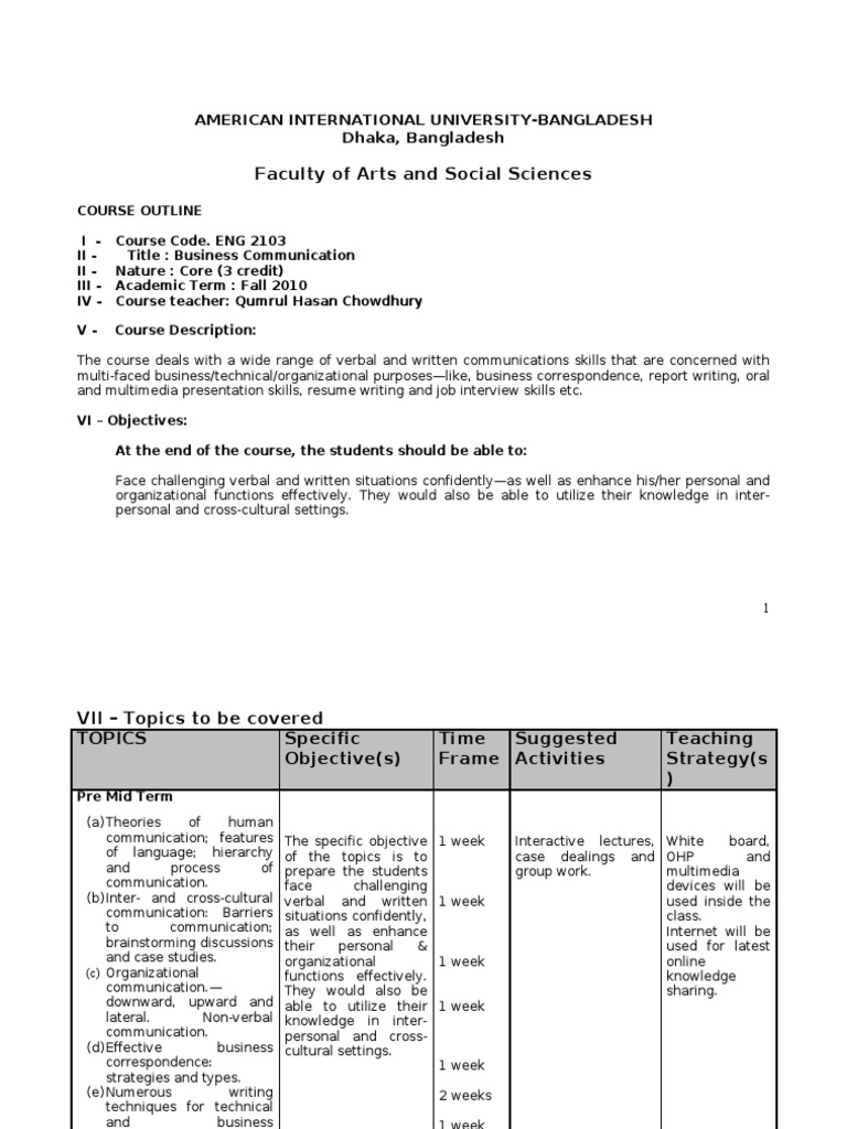 Business Communication Course Outline | PDF | Multimedia | Communication