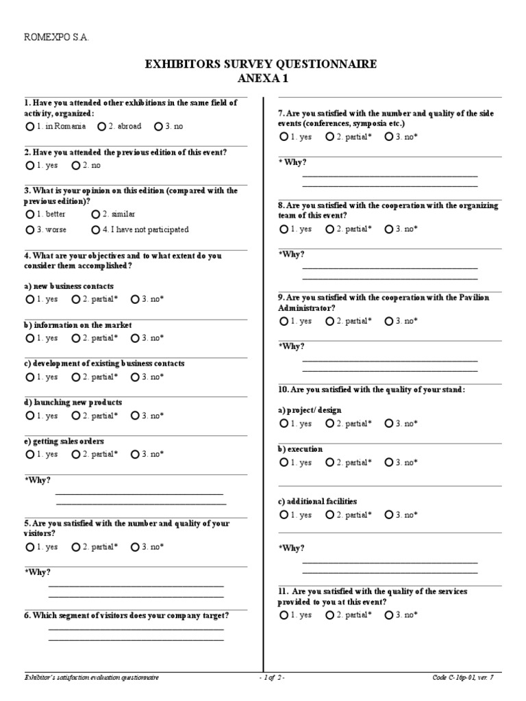 Exhibitors Survey Questionnaire Anexa 1: Romexpo S.A | PDF | Mass Media ...