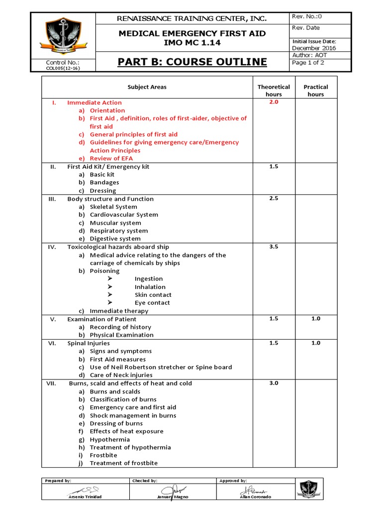 Part B: Course Outline: Medical Emergency First Aid IMO MC 1.14 | PDF ...