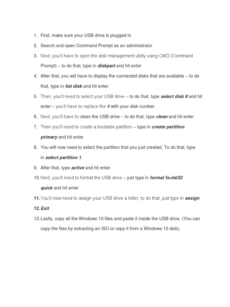 Creating a Bootable Windows 10 USB Drive Using Diskpart Commands | PDF