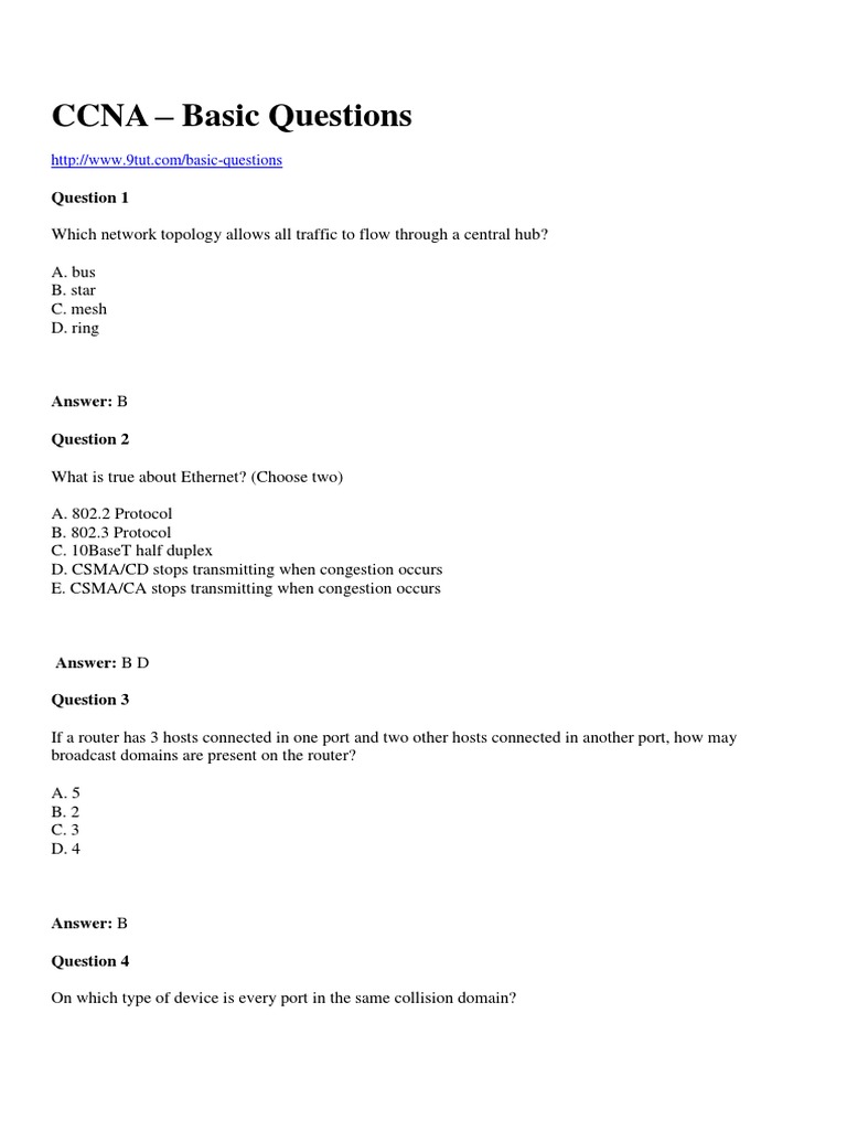 CCNA - Basic Questions | PDF | Network Switch | Computer Network