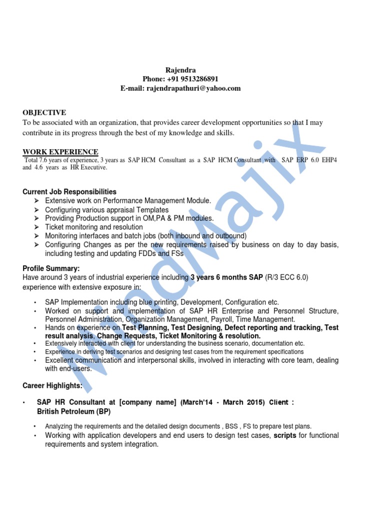 Sap HCM Sample Resume 2 | PDF | Human Resource Management | Employment