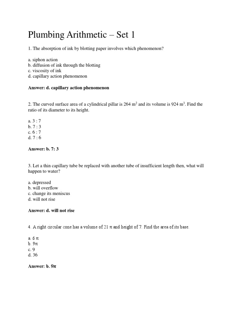 Plumbing Arithmetic Set 1 | PDF | Area | Triangle