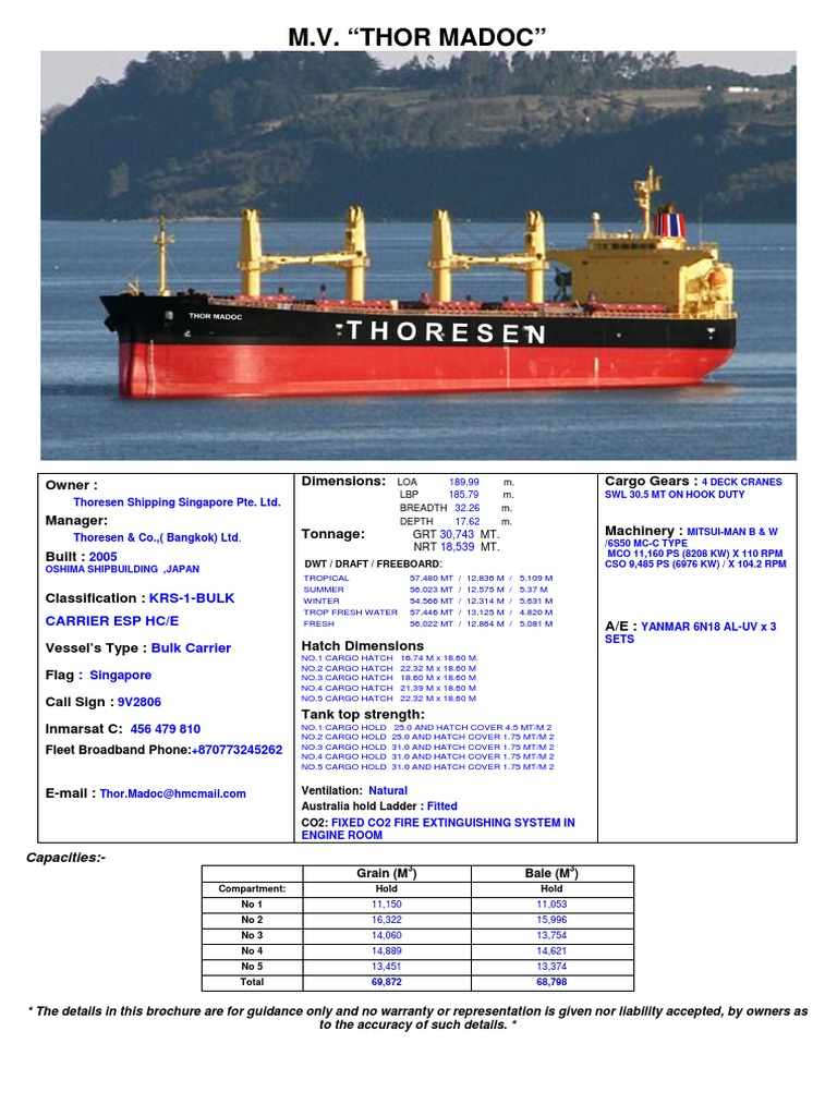 M.V. "Thor Madoc": Owner: Manager: Built: Dimensions: Cargo Gears | PDF