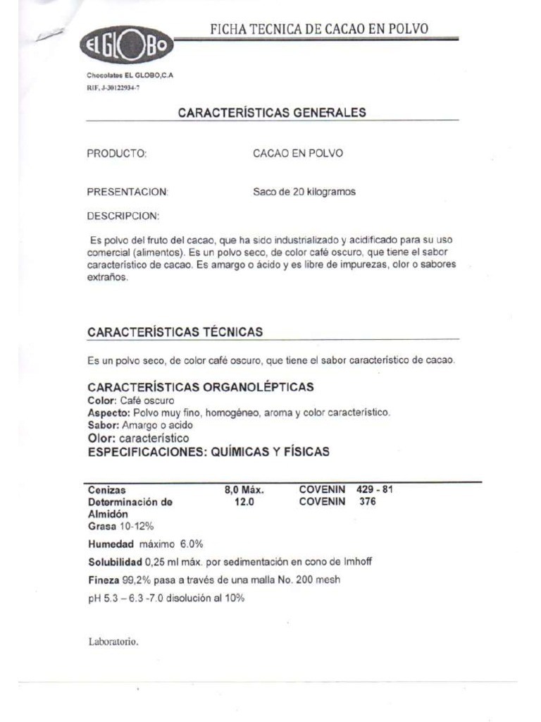 Ficha Tecnica Cacao en Polvo | PDF Ficha Tecnica Cacao en Polvo | PDF