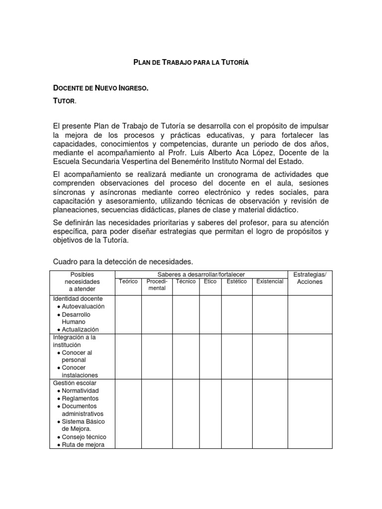 Plan de Trabajo de Tutoría | PDF | Maestros | Aprendizaje