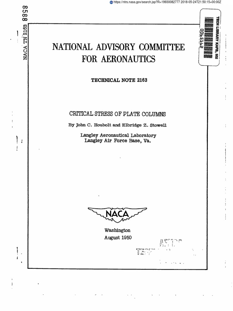 Naca Tech - Criticalstressof Platecolumns | PDF | Buckling | Solid ...