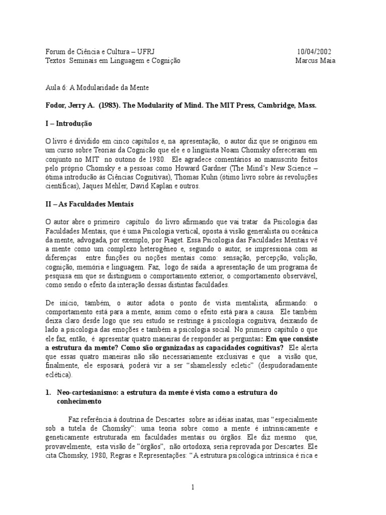 A Modularidade da Mente em Fodor | PDF | Noam Chomsky | Psicologia