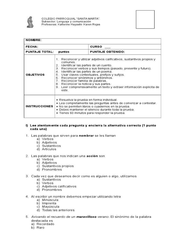 Prueba de Gramatica | PDF | Verbo | Lectura (proceso)