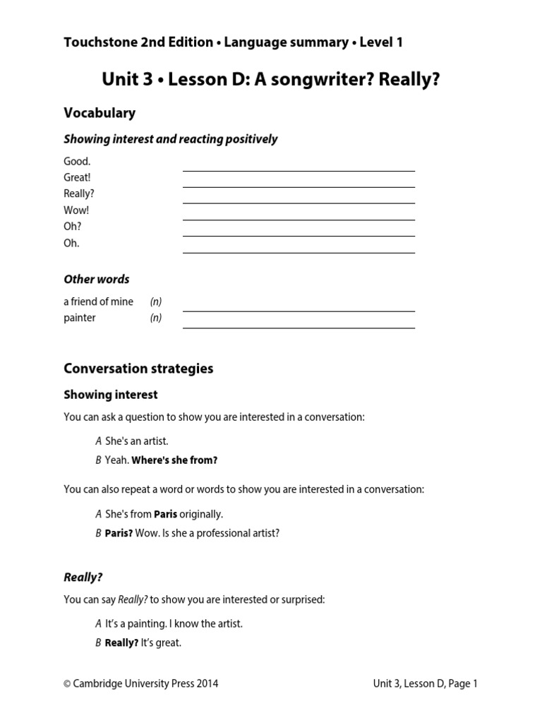Unit 3 - Lesson D: A Songwriter? Really?: Touchstone 2nd Edition - Language Summary - Level 1 | PDF