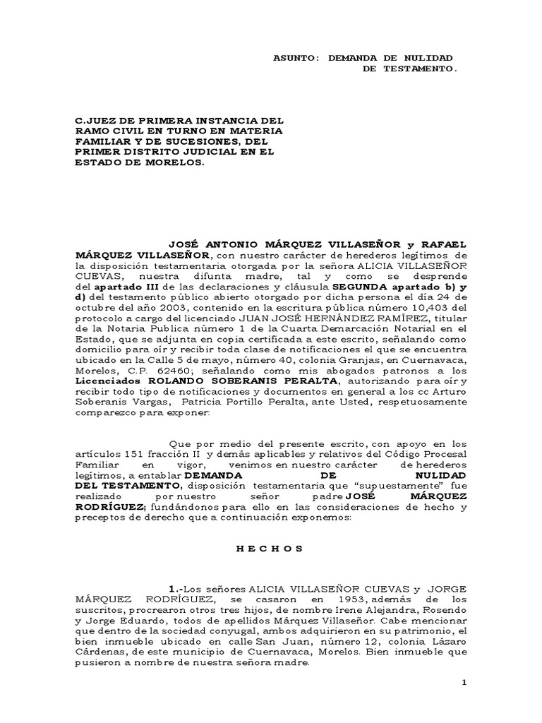 DEMANDA DE NULIDAD DE TESTAMENTO | Voluntad y Testamento | Common Law DEMANDA DE NULIDAD DE TESTAMENTO | Voluntad y Testamento | Common Law