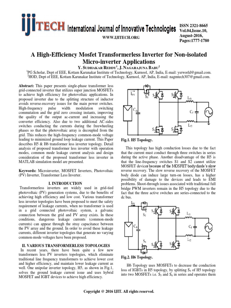 A High Efficiency Mosfet Transformerless Inverter For Non-Isolated ...
