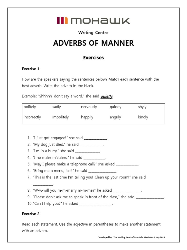 Adverbs Of Manner Exercises Pdf With Answers Adverbs Of Manner
