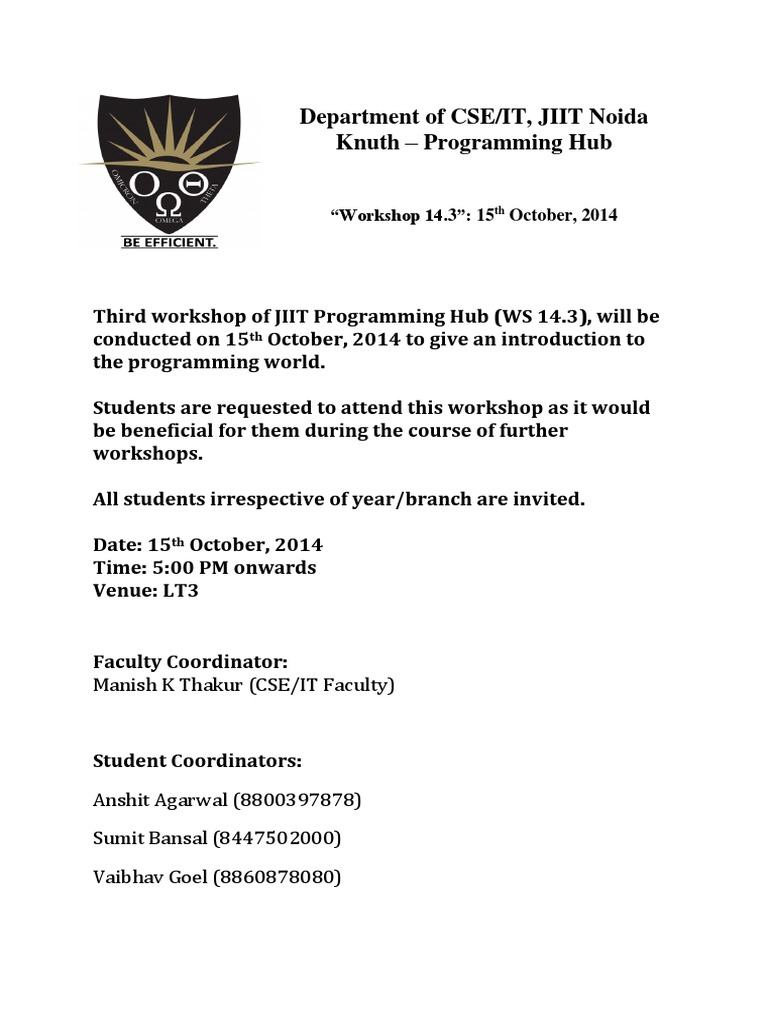 Department of CSE/IT, JIIT Noida Knuth - Programming Hub: "Workshop 14.3": 15 October, 2014 | PDF