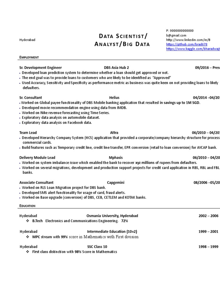Actual DS - Data Science and Big Data Analytics Resume Format | PDF ...