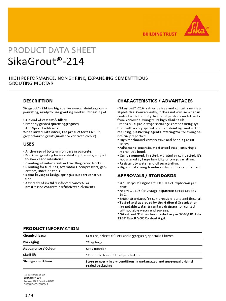 Sikagrout®-214: Product Data Sheet | PDF | Reinforced Concrete | Concrete