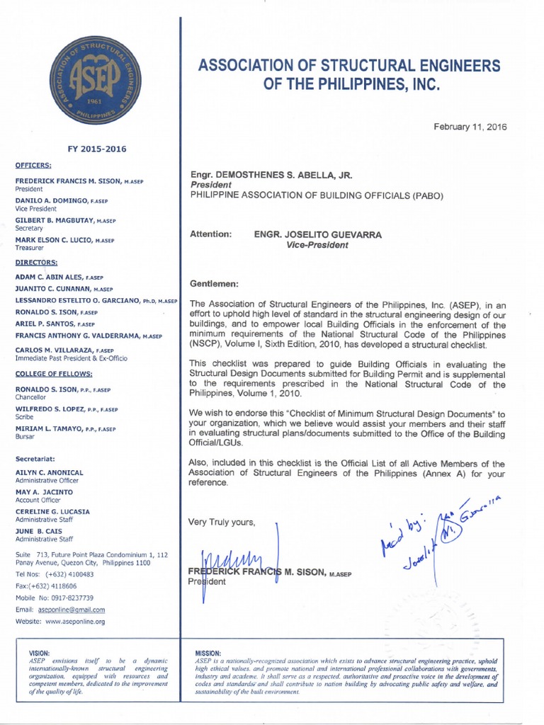 Checklist of Minimum Structural Design Documents Asep PDF | PDF