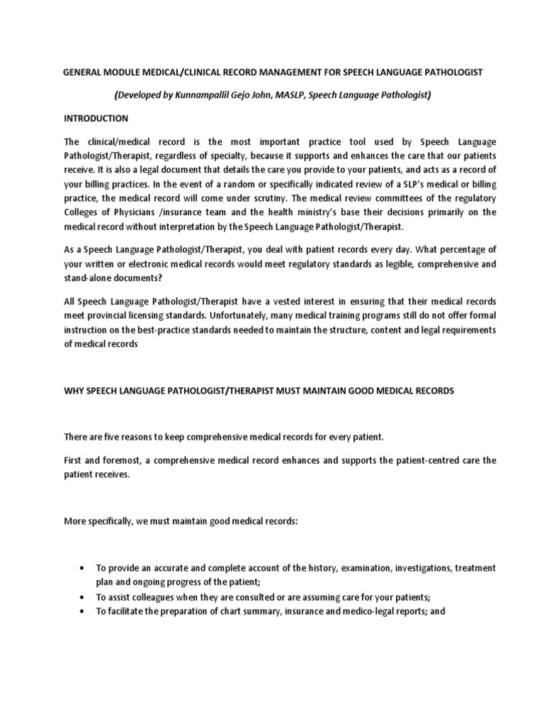 Speech Pathology Record Keeping Guide | PDF | Medical Record | Speech ...