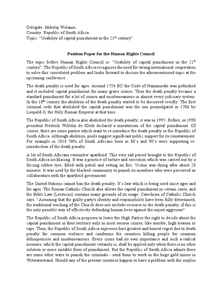 RSA Position Paper For HRC, AliansMUN 2018 | PDF | Capital Punishment ...