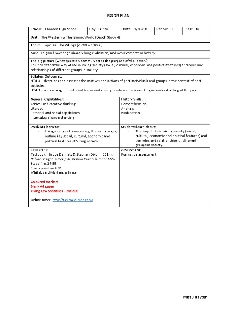 Viking Society Lesson Plan | PDF | Teachers | Behavior Modification