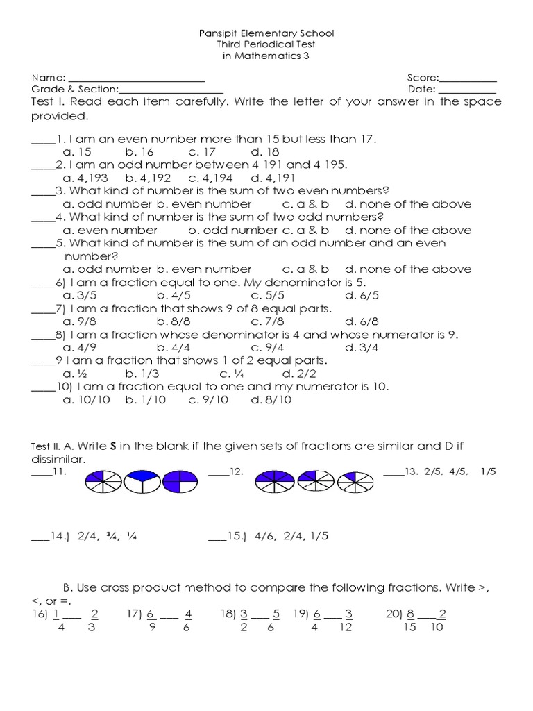 3rd Periodical Test in Math-Gr3 | PDF | Odds | Fraction (Mathematics)