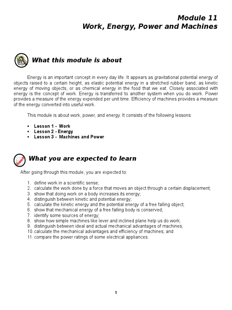 Module 11 Work, Energy, Power and Machines | PDF | Potential Energy | Fuels