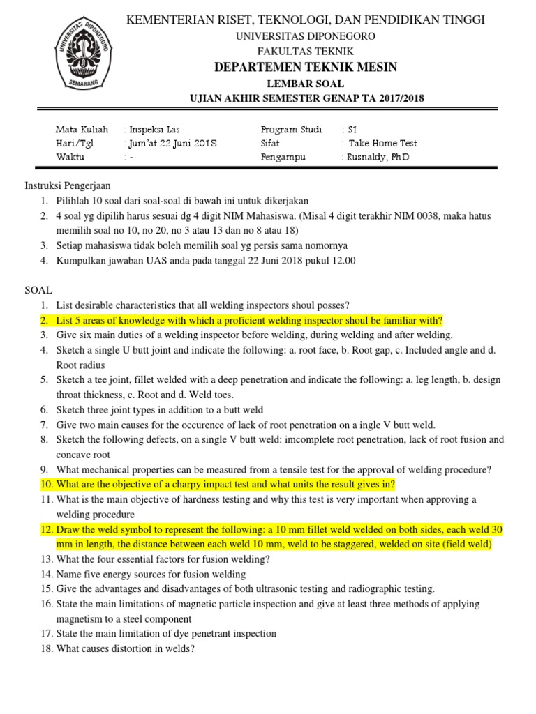 Inspeksi Las Ujian Akhir Semester Genap TA 2017/2018 | PDF | Welding | Construction