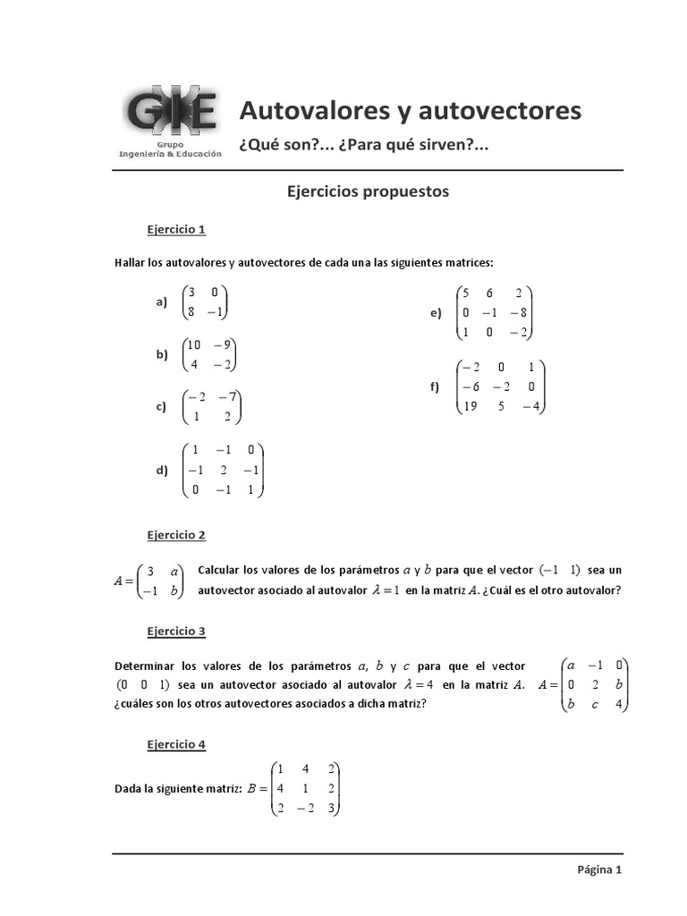 Ejercicios PDF | PDF | Valores propios y vectores propios | Matriz (Matemáticas)