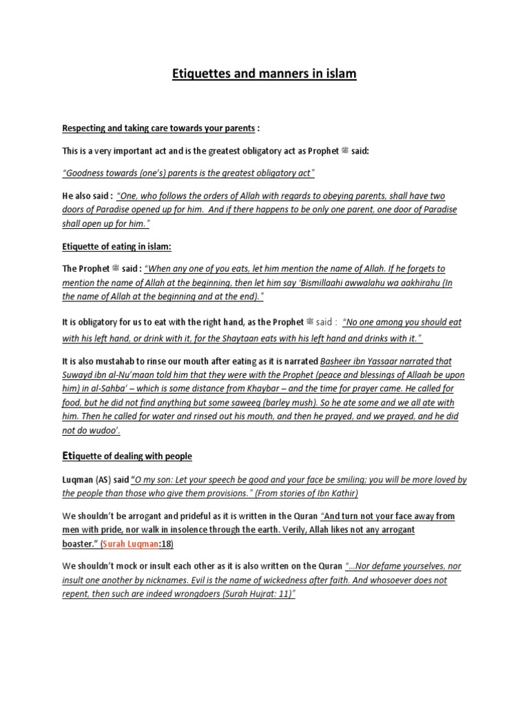 Etiquettes and Manners in Islam | PDF