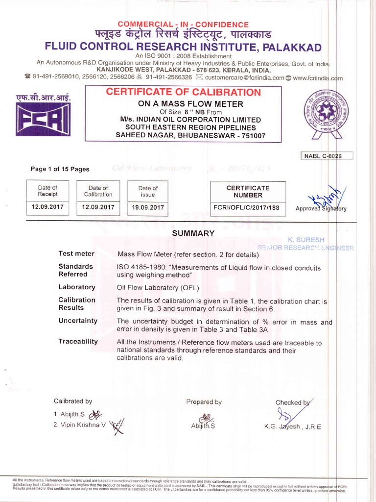 MFM Calibration Certificate | PDF | Calibration | Flow Measurement