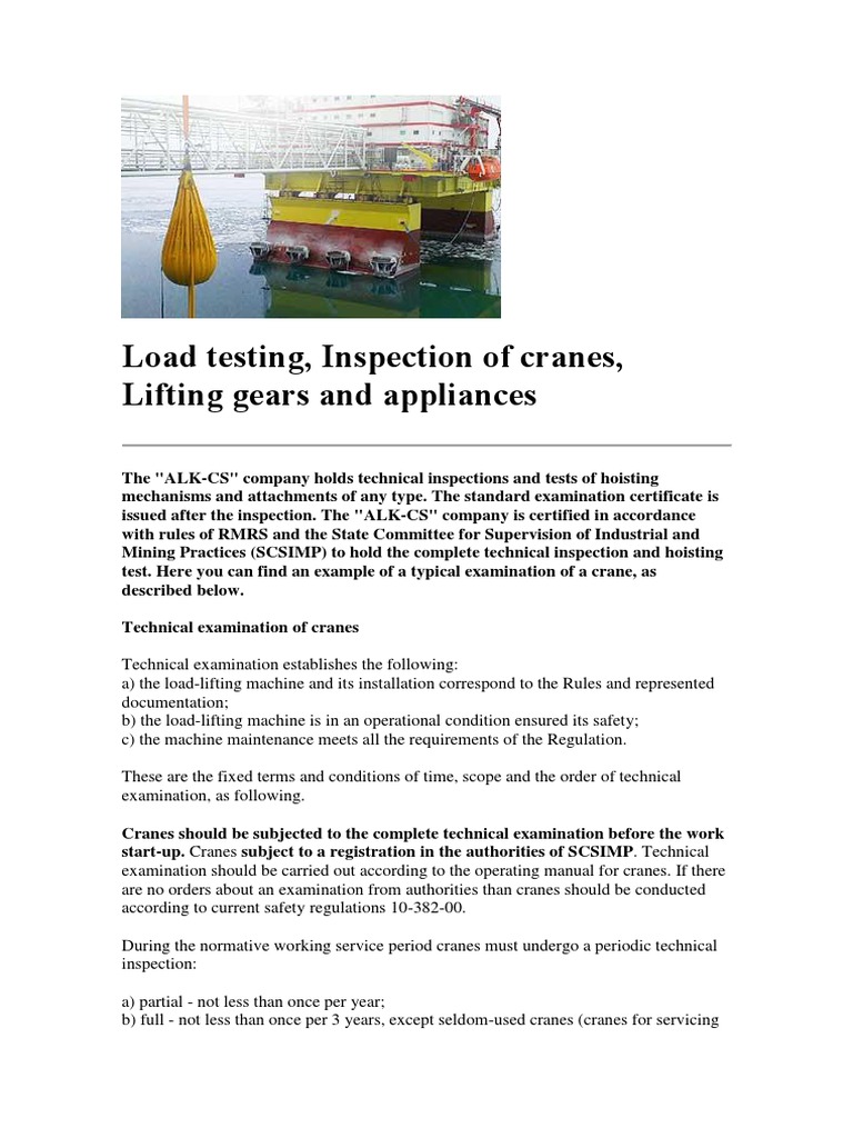 Load Testing, Inspection of Cranes, Lifting Gears and Appliances | PDF ...