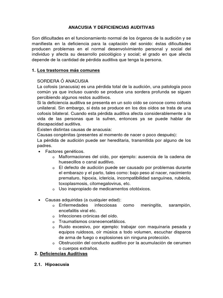 Anacusia y Deficiencias Auditivas | PDF | Sonido | Especialidades Medicas