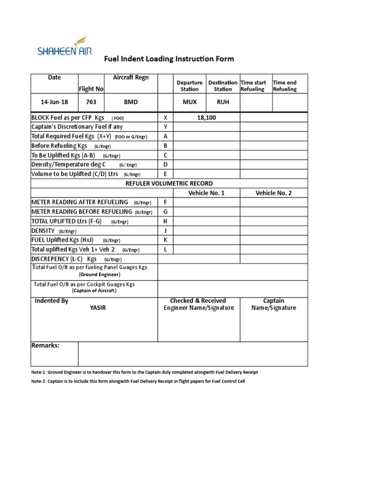 Fuel Indent Loading Instruction Form: Date Flight No Aircraft Regn 14 ...