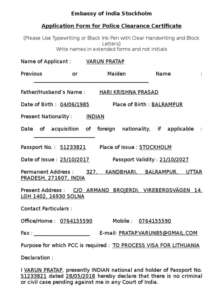 Application For Police Clearance Certificate | PDF