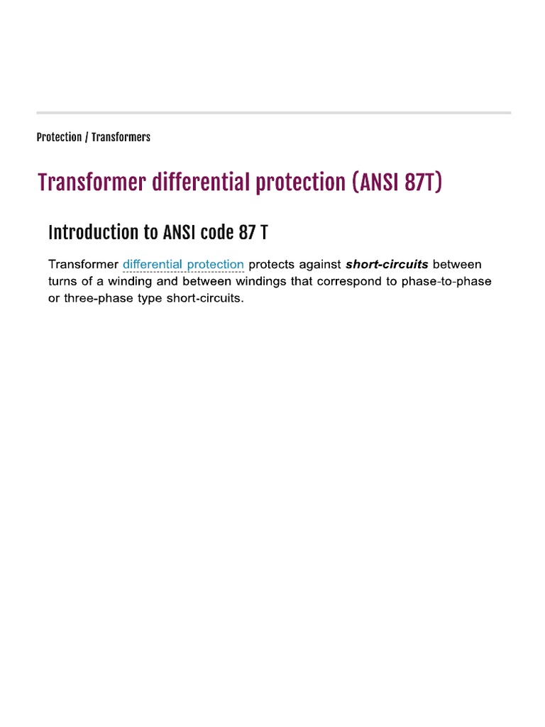 Transformer Differential Protection (ANSI Code 87T) | PDF