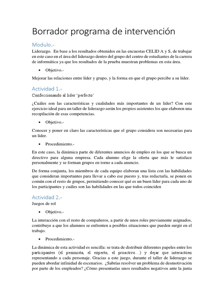 Borrador Programa de Intervención | PDF | Liderazgo | Planificación