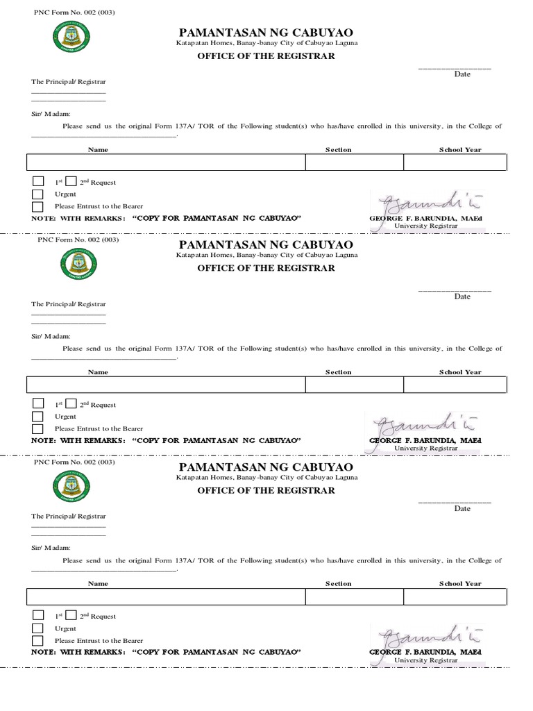 Form137 TOR Request | PDF | Universities And Colleges | Higher Education