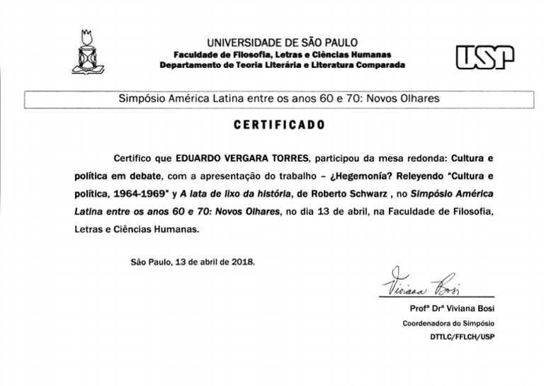 Certificado Ponencia USP 2018 | PDF