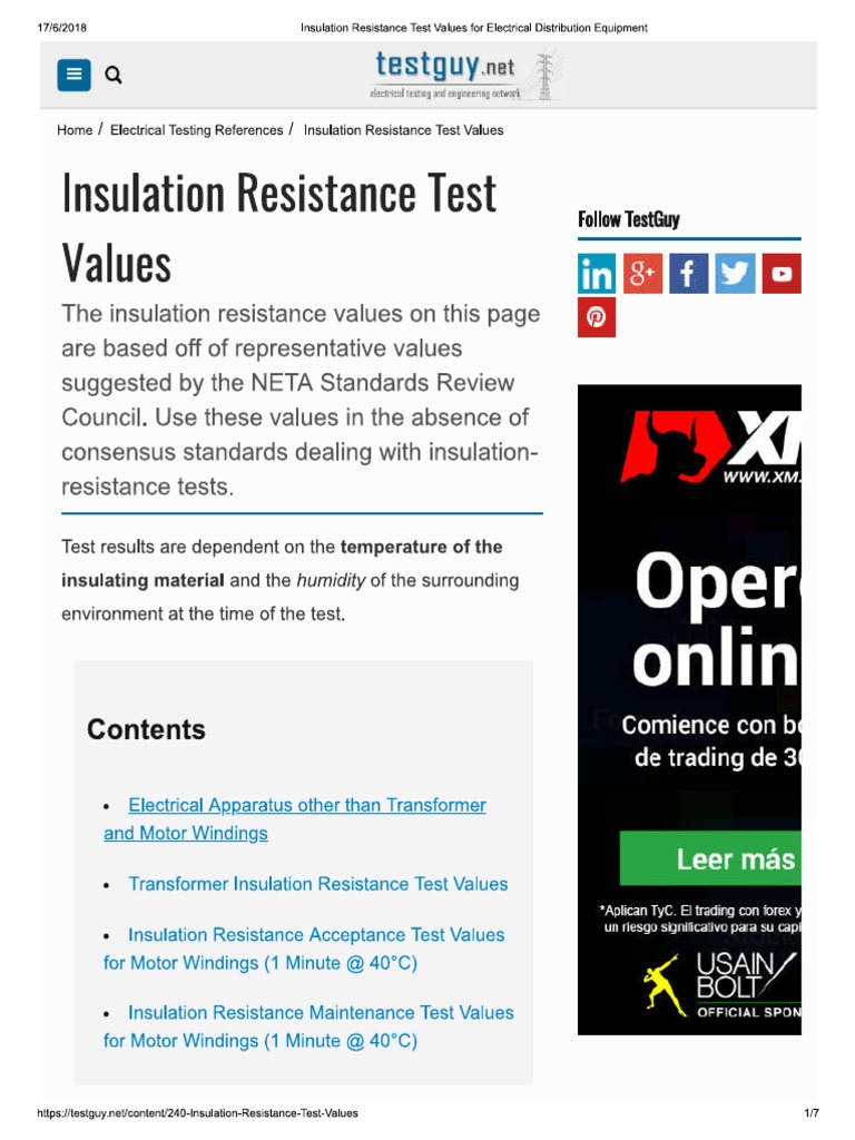 Insulation Resistance Test Values For Electrical Distribution Equipment ...