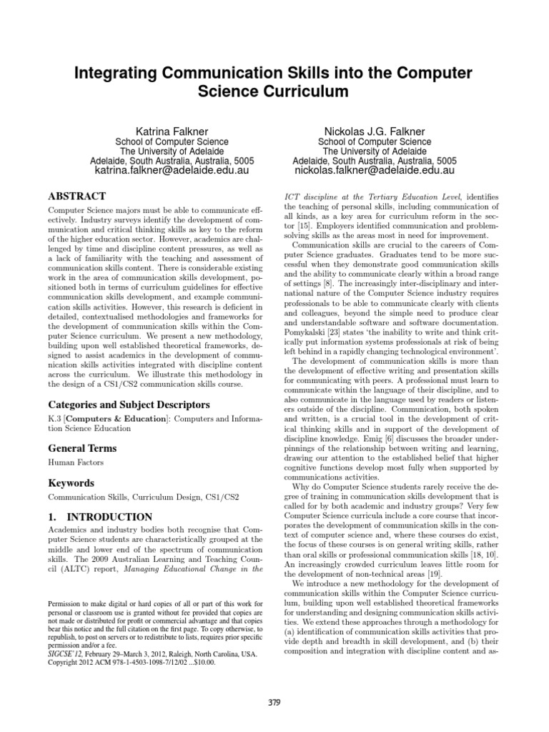 Integrating Communication Skills Into The Computer Science Curriculum ...