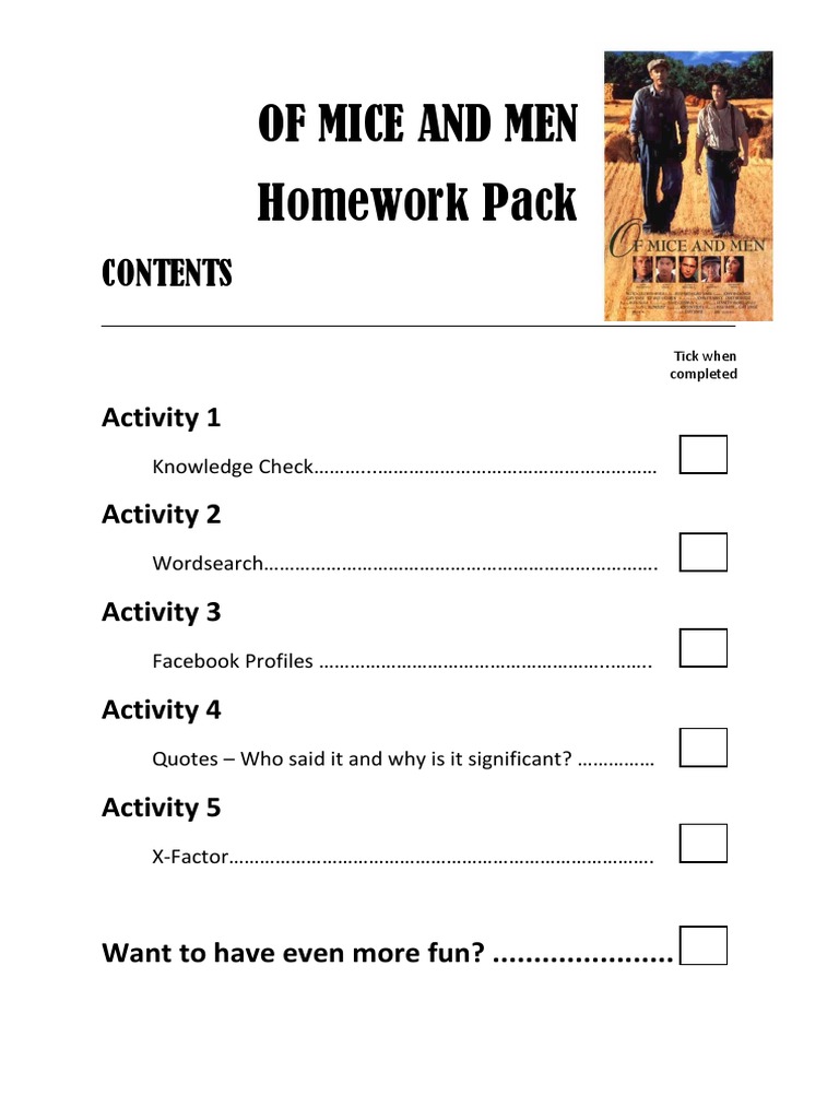 Year 9 English of Mice and Men Homework Booklet | PDF