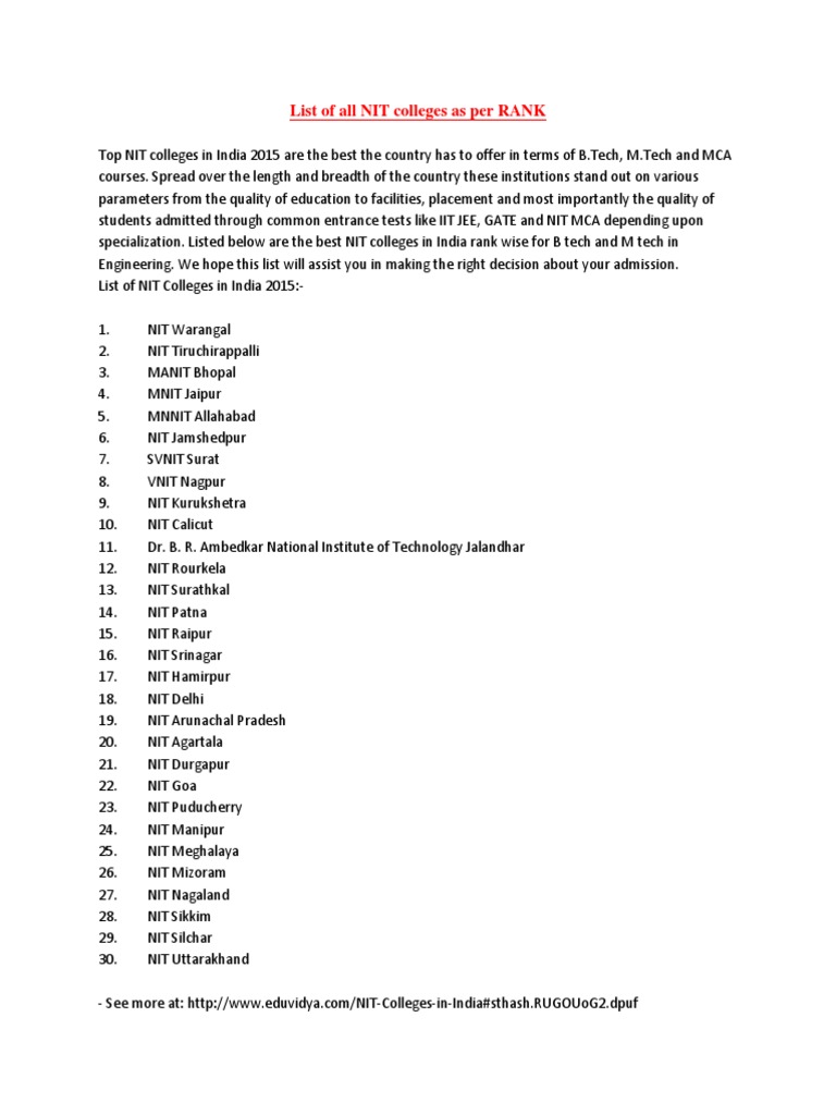 List of All NIT Colleges As Per RANK PDF | Download Free PDF | Higher ...